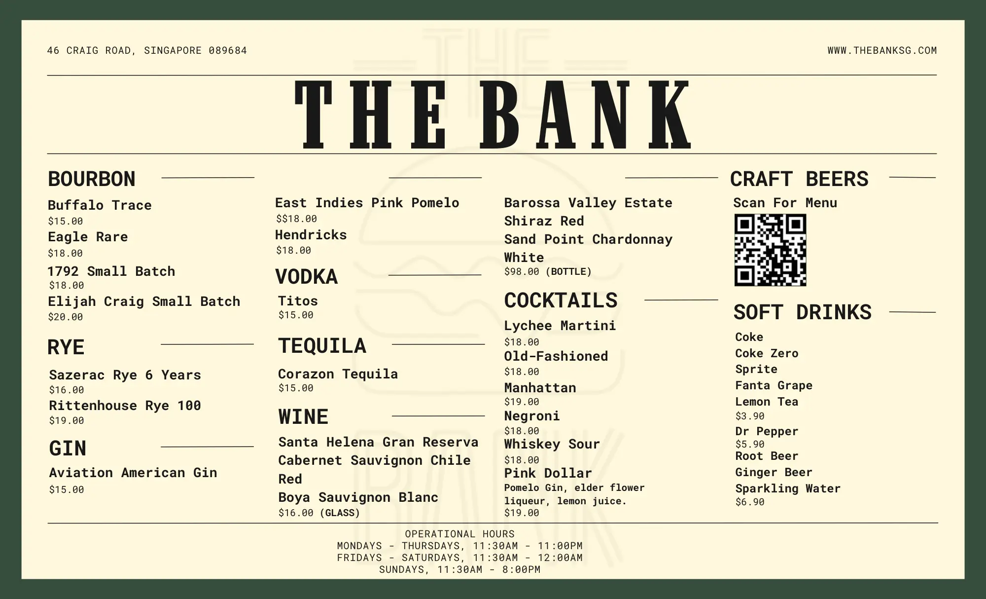 THE BANK MENU WITH PRICES SINGAPORE 2025
